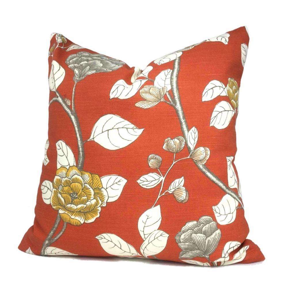 Dwell Studio Robert Allen Leda Peony Persimmon Orange Floral Pillow Co ...