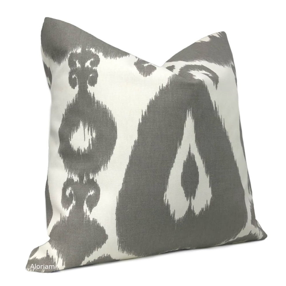 Gray Creamy White Large Scale Ikat Ethnic Cotton Print Pillow Cover ...
