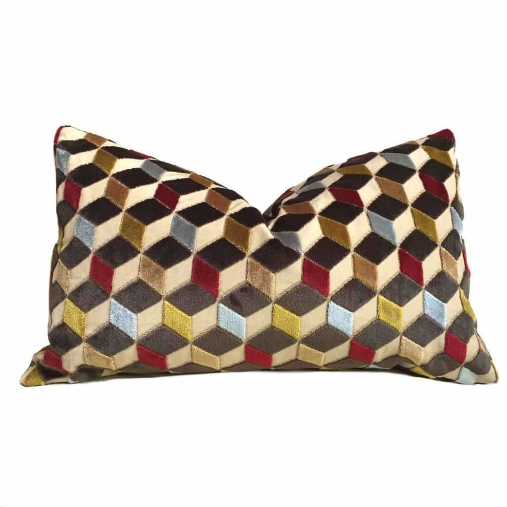 (CLEARANCE) Metropol Geometric Cut Velvet Cubes Brown Red Blue Beige P ...